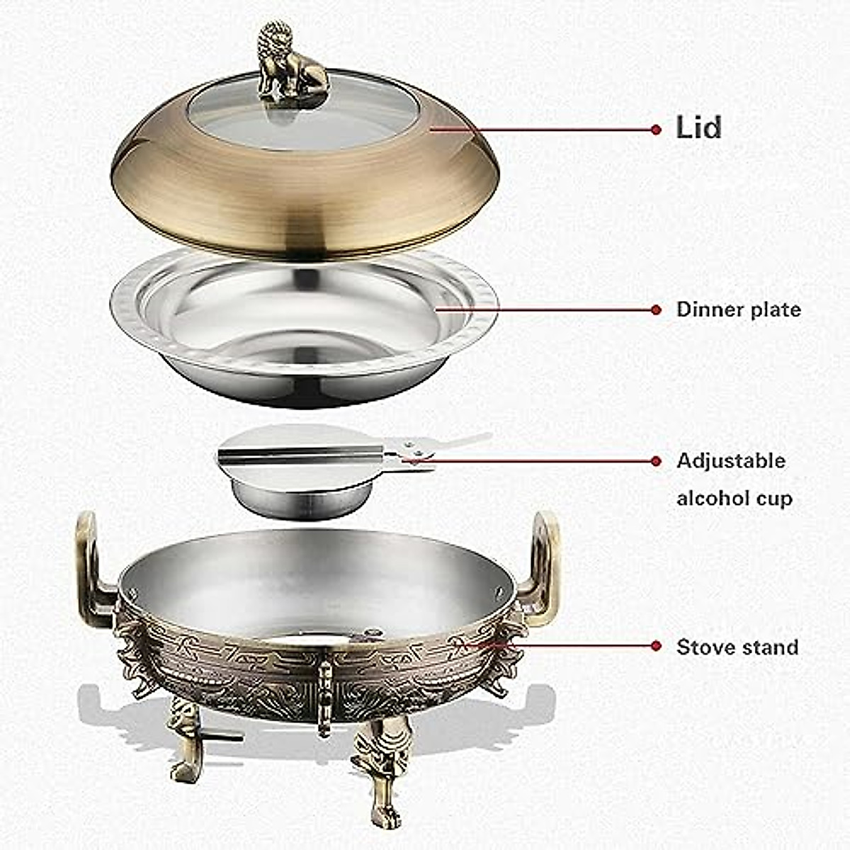 Retro Round Chafing Dish, Stainless Steel Buffet Server Warming Tray with Fuel Holders and Lid, for Birthday Party Wedding Celebration