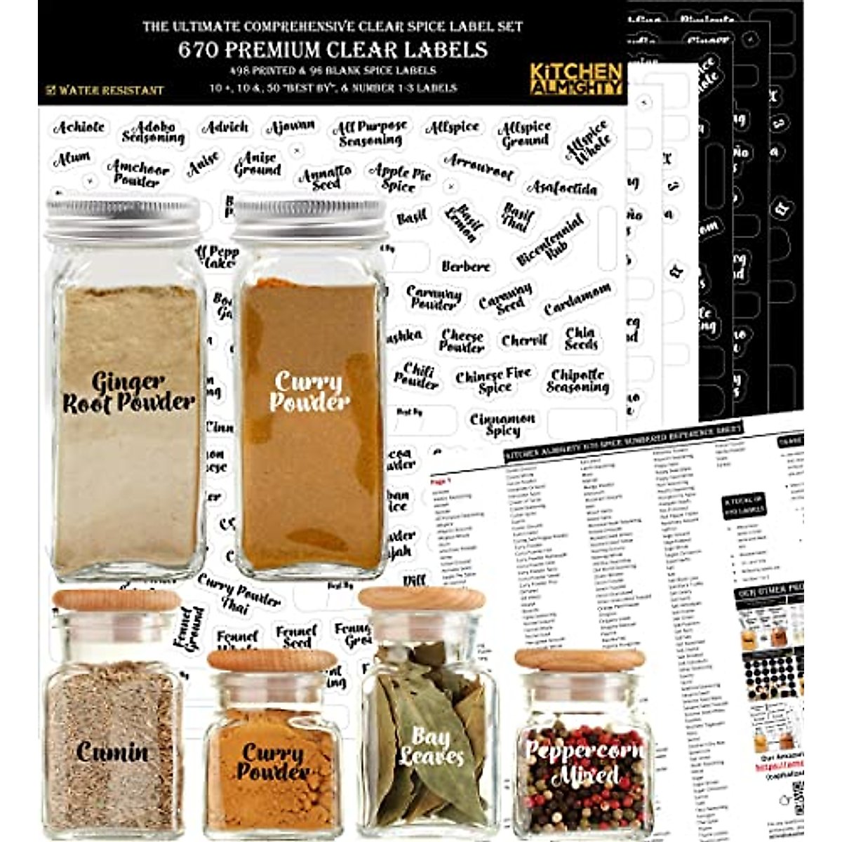 670 Labels: 498 Spice Names + 96 Blank Labels | Most Bold Cursive Preprinted Black & White Letters Label Set | Alphabetized Spice Label System by KITCHEN ALMIGHTY | Spice Jar Labels Spice Organization