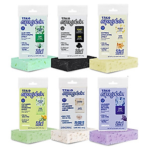 T.Taio Esponjabon Soap Sponge Variety Pack - Shower Scrubber & Bath Wash Scrub - Massage Face - Bathroom Accessories - Mother of Pearl, Aloe Vera, Lavender, Charcoal, Cucumber-Melon, Oatmeal (6 Pack)