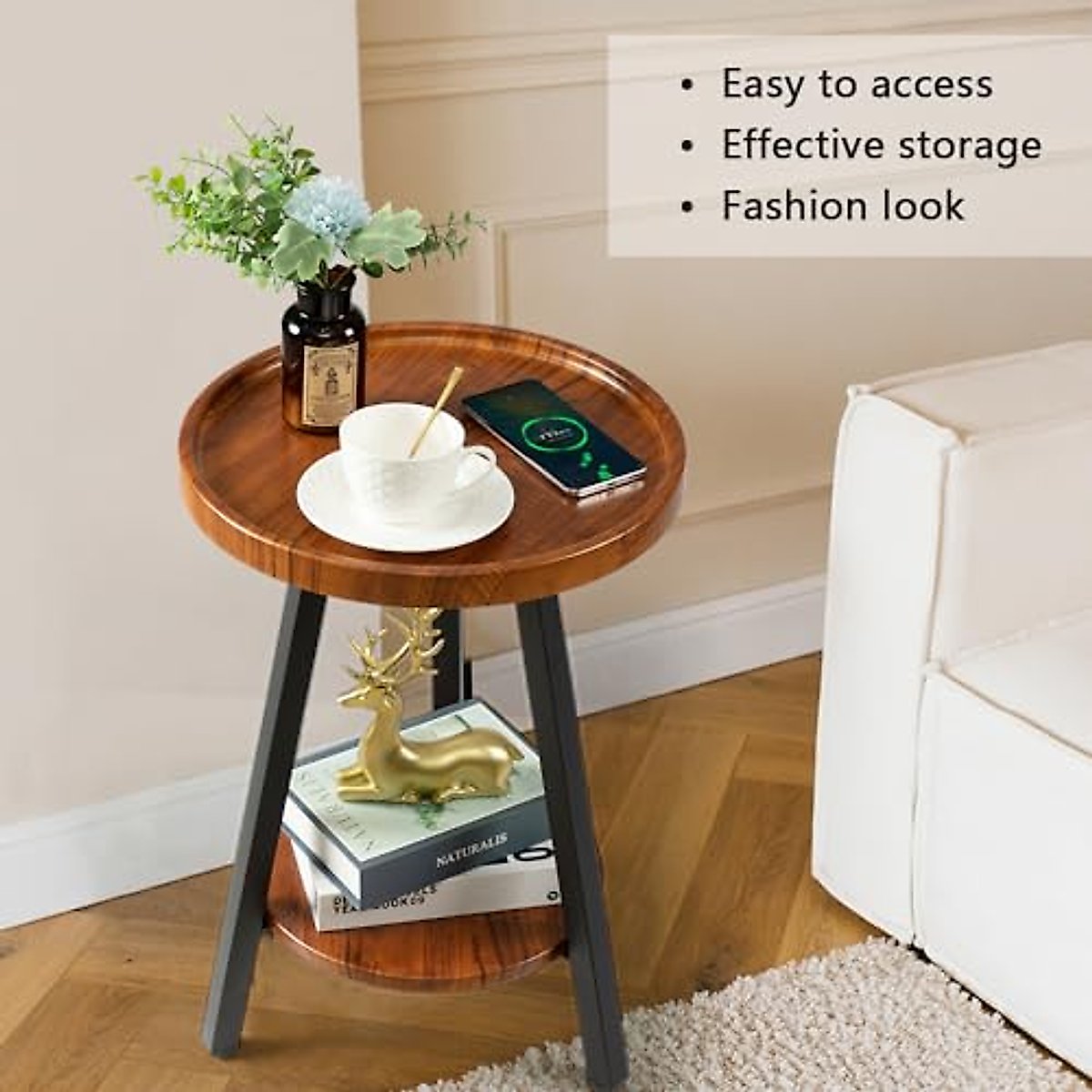 Hadulcet Small End Table with Charging Station, Small Side Table for Small Spaces, Small Nightstand Bedside Table, Small Round Side Tables Bedroom, Small Round End Tables Living Room, Small Table
