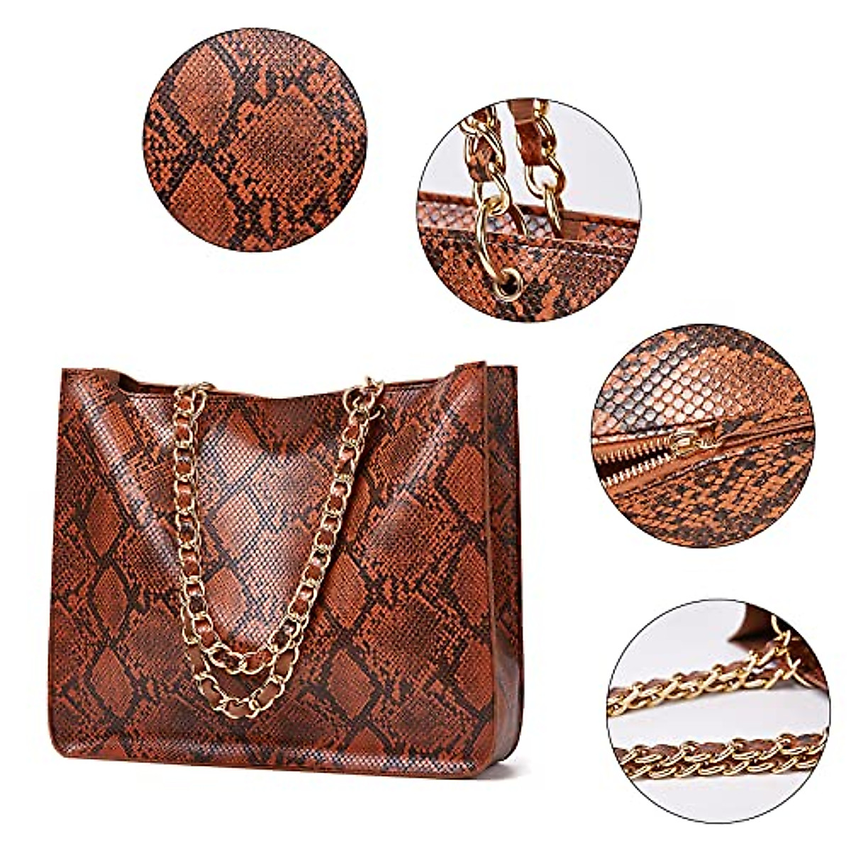 Oichy Leather Tote Bag for Women Large Purses and Handbags Snakeskin Pattern Shoulder Bag Ladies Purse with Chain Strap (Red)