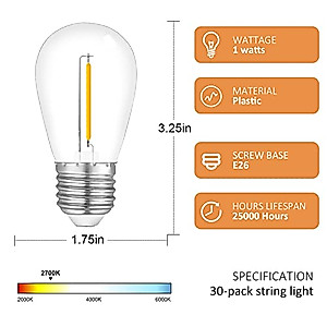 Visther 30-Pack Outdoor String Light Bulbs, Waterproof S14 Replacement Bulb, E26 Base, 1W 120V, 2700K Warm White