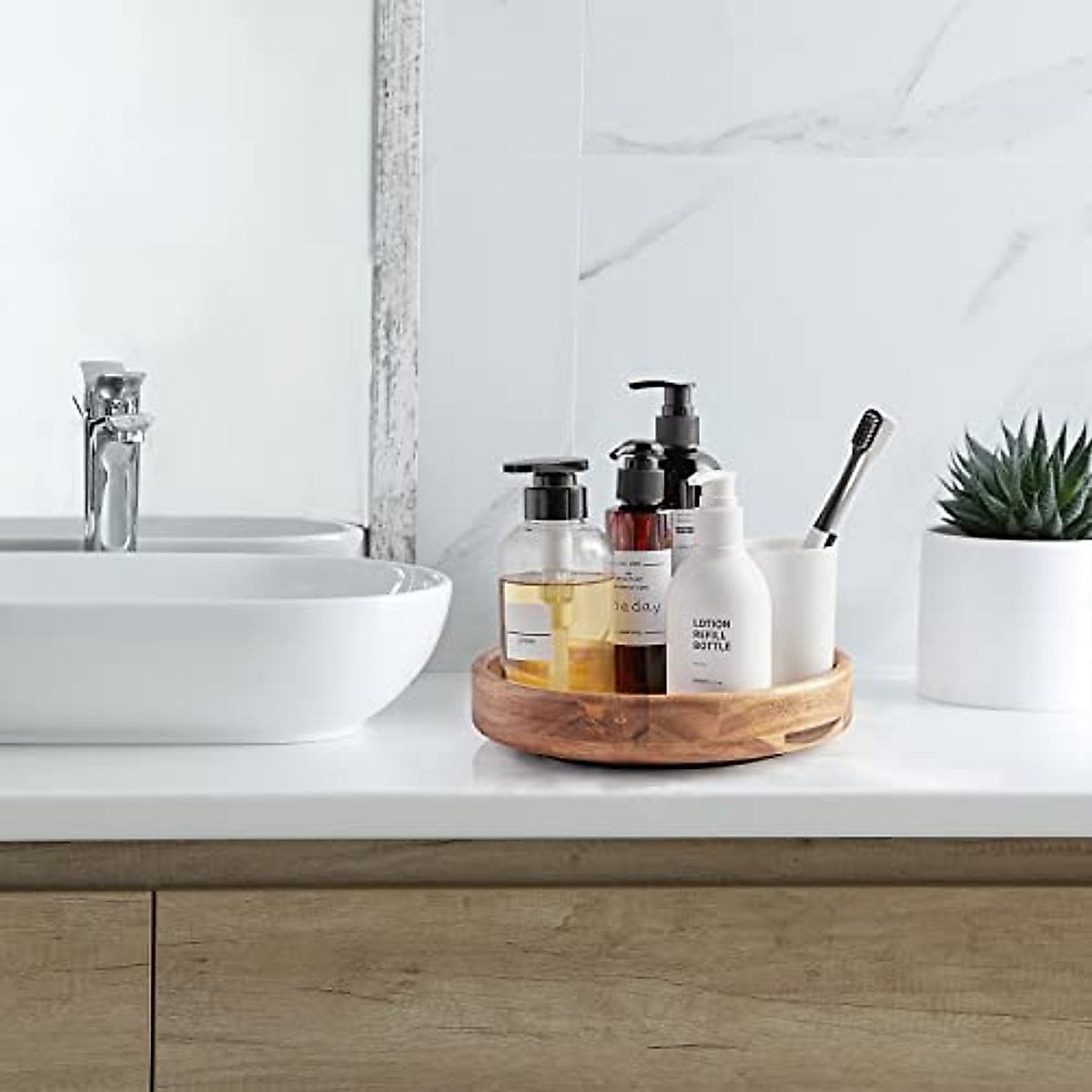 9" Lazy Susan Turntable Organizer for Cabinet, Acacia Wood Lazy Susan for Cabinet Table Pantry Kitchen Countertop Cupboard or Bathroom Organization, Kitchen Turntable Storage Container