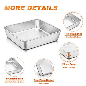 TeamFar Square Cake Pan, 6/8 / 9 Inch Stainless Steel Square Baking Pan for Cake Brownie Lasagna, Non-Toxic & Heavy Duty, One Piece Design & Deep Wall, Smooth & Dishwasher Safe – Set of 3