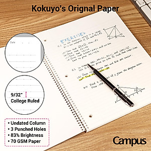 KOKUYO Spiral Notebook, 3 Pack Campus 10-1/2" x 8" Subject Notebooks with College Ruled, 80 Sheets, Pink Blue Green 3 Holes School Spiral Journal for Work Study Note Taking (WSG-SU-400G1×3)