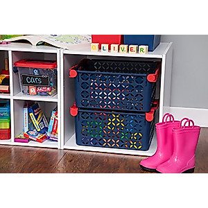 IRIS USA Boy's Medium Deep Decorative Storage Basket with Comfortable Grip Handles, 8 Pack, Toy Box, Nestable, Stackable, Kid's Storage Box for Book and Toy, Kid's Room Playroom Organizer, Navy/Red