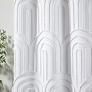 Estmy Boho White Tufted Shower Curtain Sets with Hooks, Simple Modern Chic Cute Rainbow Shape Chenille Stripe Cotton Fabric Shower Curtain Bathroom Decor, Heavy Duty/Water Repellent/Washable