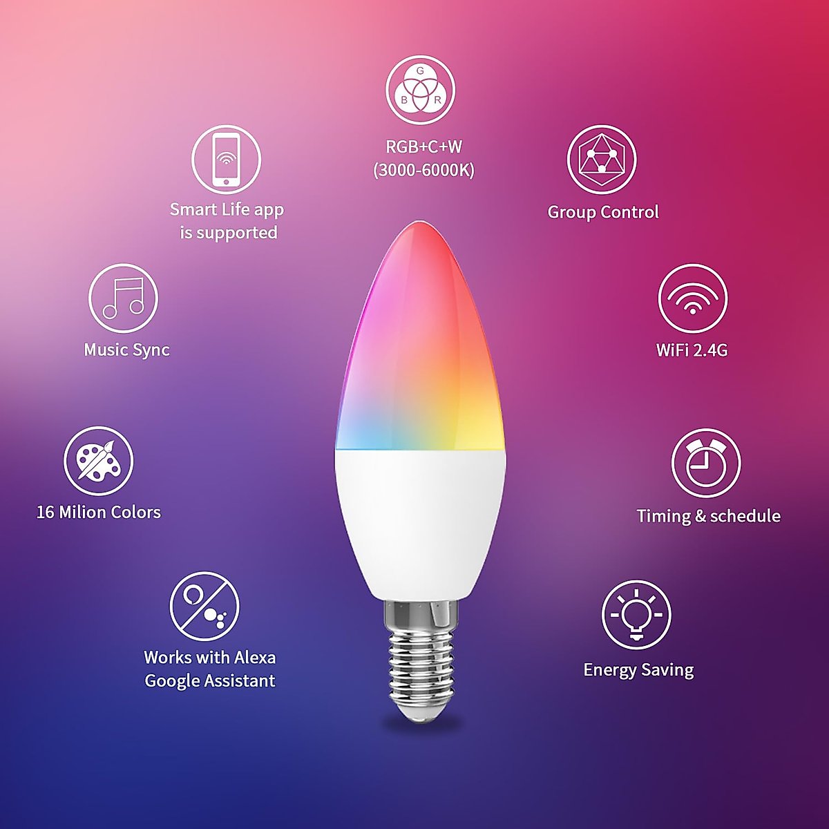 Smart Light Bulbs E12 RGB+CCT Led WiFi+Bluetooth Smart Bulbs 300lm 40W Equivalent Multicolor and Dimmable, Halloween light bulbs Work with Alexa Google Smart Things WiFi(2.4GHz) No Hub Required 5Pack