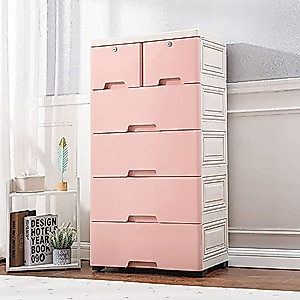 Gdrasuya10 6 Drawer Storage Organizer, Waterproof Furniture Storage Tower Unit with 4 Wheels for Closets, Bedrooms, Playrooms (Pink)