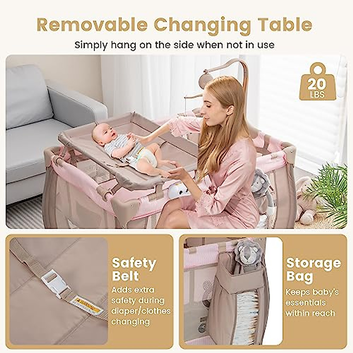 Costzon 3 in 1 Pack and Play with Bassinet, Portable Baby Playard with Changing Table, Bassinet, Music Box, Whirling Toys, Wheels/Brake, Large Basket, Bag, Foldable Travel Crib for Indoor Outdoor