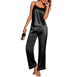 Ekouaer Women Silk Satin Pajamas Sleeveless Pjs Set 2 Piece Summer Loungewear Sleepwear with Pockets Black,XL