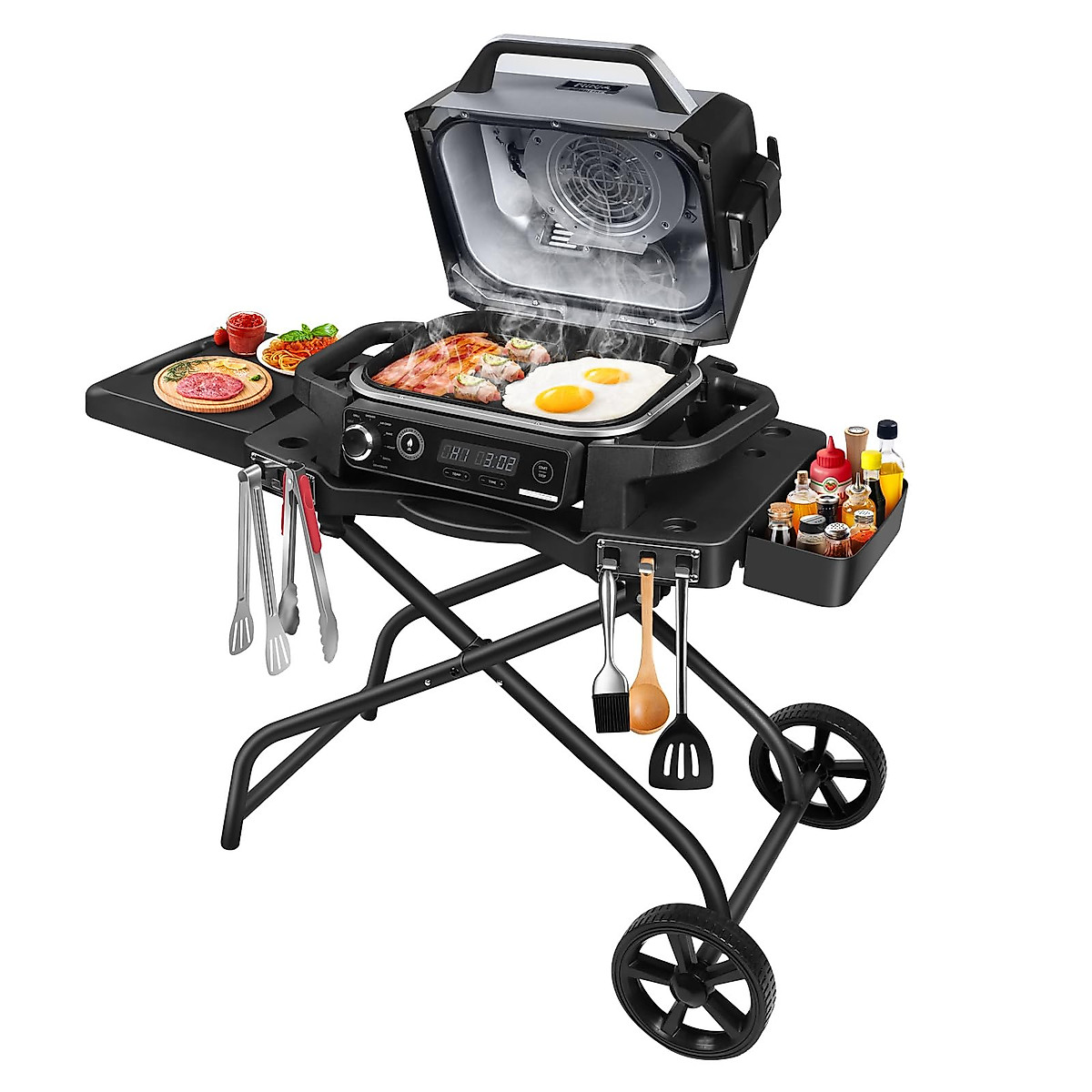 GRILL FORCE Portable Grill Cart for Ninja OG701 OG751, Collapsible Outdoor Grill Stand for Ninja Woodfire Grill, Fits Ninja OG700 Series, Traeger Ranger,Pit Boss 10697/10724 and 22" Blackstone Griddle