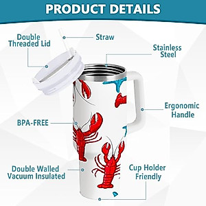 RPLIFE Playful Lobsters Starfish White Tumbler with Handle and Straw, Stainless Steel Coffee Cup, Insulated Coffee Mug with Lid, Tumbler for Men