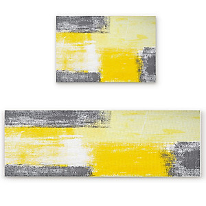 Kitchen Rugs and Mats Non-Slip Cushioned Anti-Fatigue Kitchen Rug with Runner Set of 2, Yellow Gray Modern Abstract Art Painting Graffiti Design Kitchen Mats for Floor 15.7x23.6inch+15.7x47.2inch