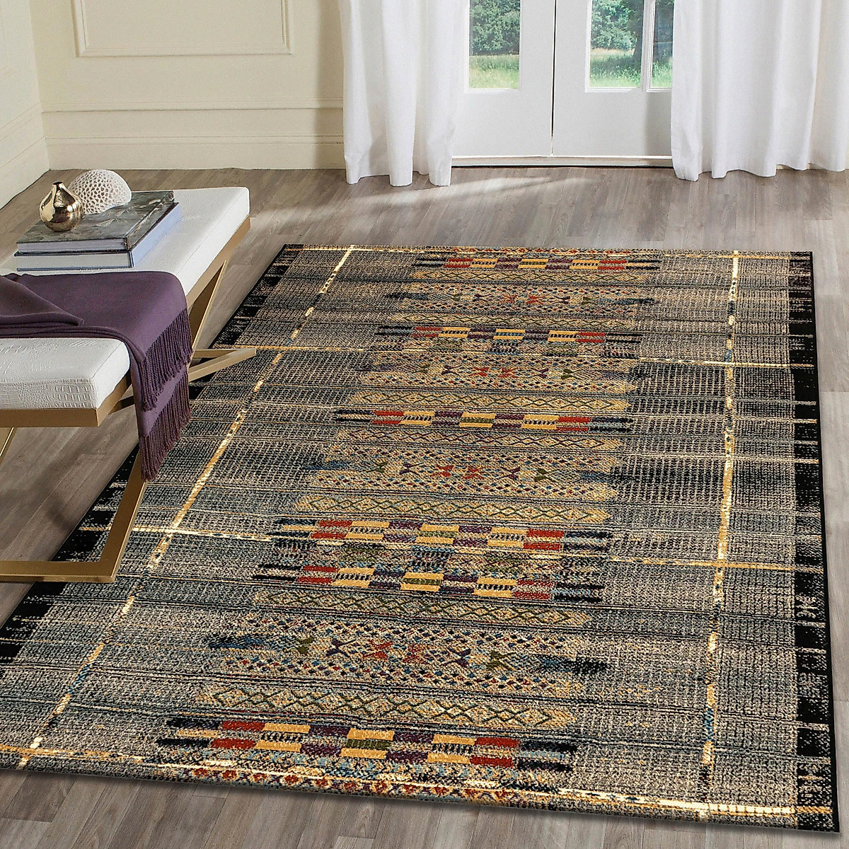 Liora Manne Marina Indoor/Outdoor Power Loomed Synthetic Blend Low Profile Area Rug - Traditional Geometric Casual Southwestern Colorful (Tribal Stripe Black) (8'10" x 11'9")