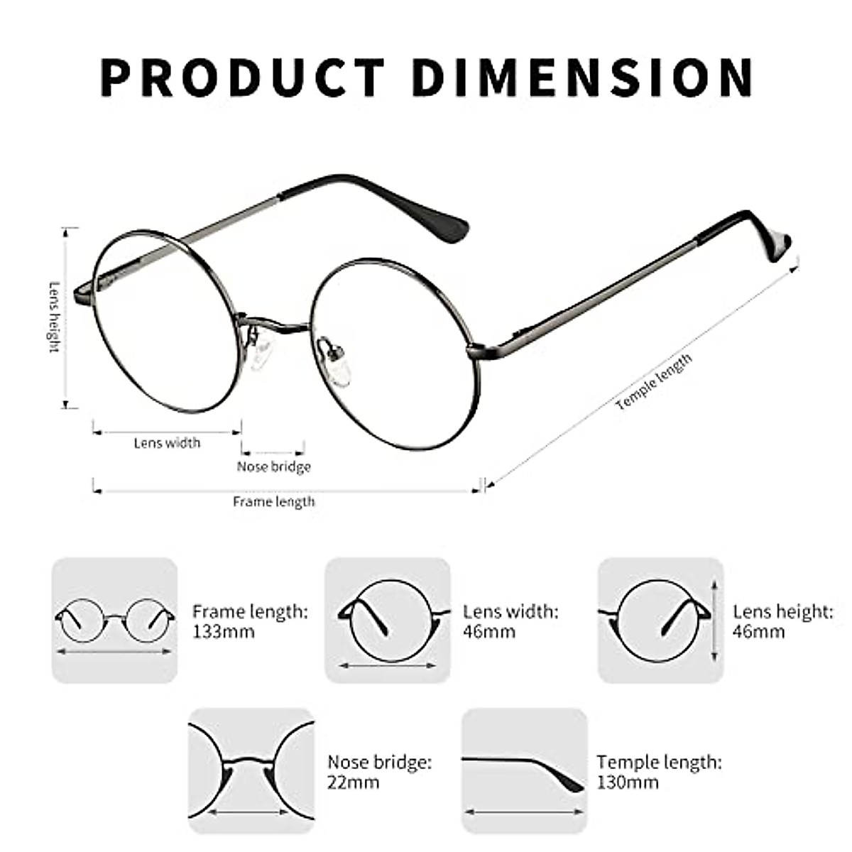 Pro Acme Non Prescription Clear Lens Glasses Retro Small Round Metal Frame (Gunmetal)