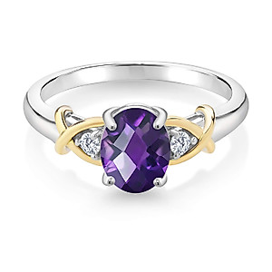 Gem Stone King 2 Tone 10K Yellow Gold and 925 Sterling Silver Oval Checkerboard Purple Amethyst and Lab Grown Diamond Engagement Ring For Women (1.28 Cttw, Available in Size 5,6,7,8,9)