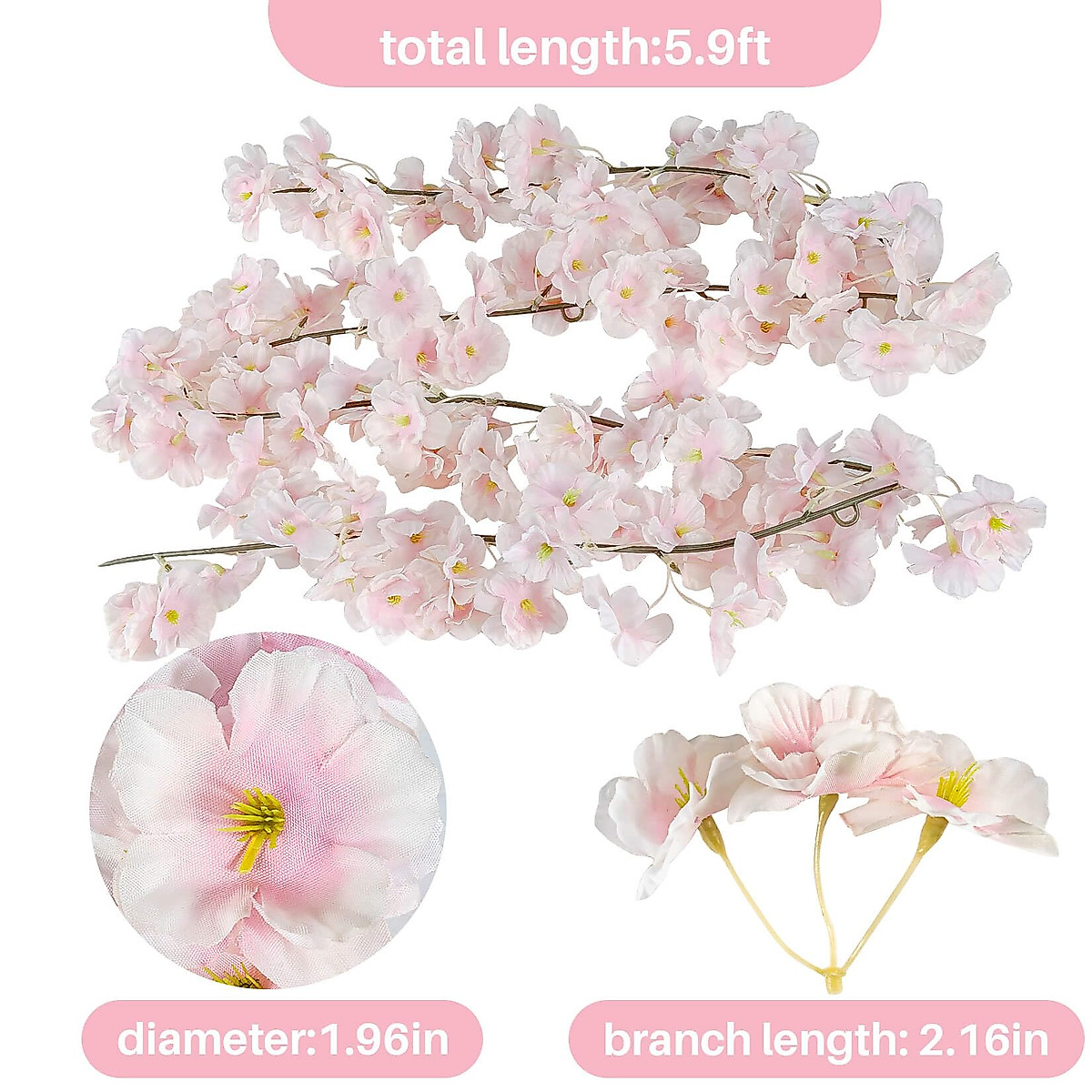 MAQIHAN 2PCS Cherry Blossom Garland - Hanging Cherry Blossom Vines Artificial Flowers Garland Sakura Vines Flower Decor for Wedding Party Decoration