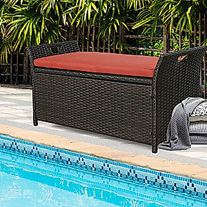 PEAK HOME FURNISHINGS Patio Wicker Storage Box, Outdoor Rattan Storage Bench Deck Bin with Cushion (Red)