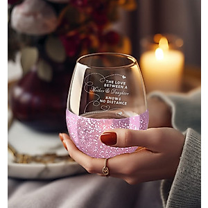 Osci-Fly Mothers Day Gifts for Mom from Daughter, The Love Between a Mother and Daughter Knows No Distance Handmade Etched Wine Glass & Best Mom Socks - Long Distance Gifts to Mom