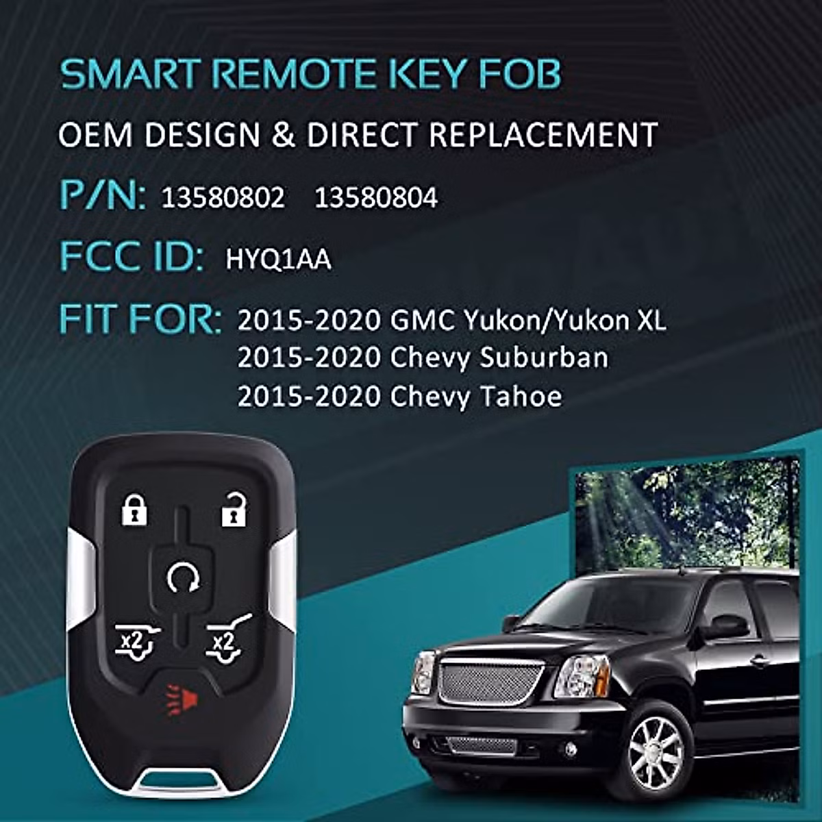 HelloAuto Key Fob for GMC Yukon/Yukon XL,Chevy Tahoe Suburban Key Remote 2015-2020 Self-Programmed Keyless Entry Smart Key Fob Cover (HYQ1AA) 6-Buttons