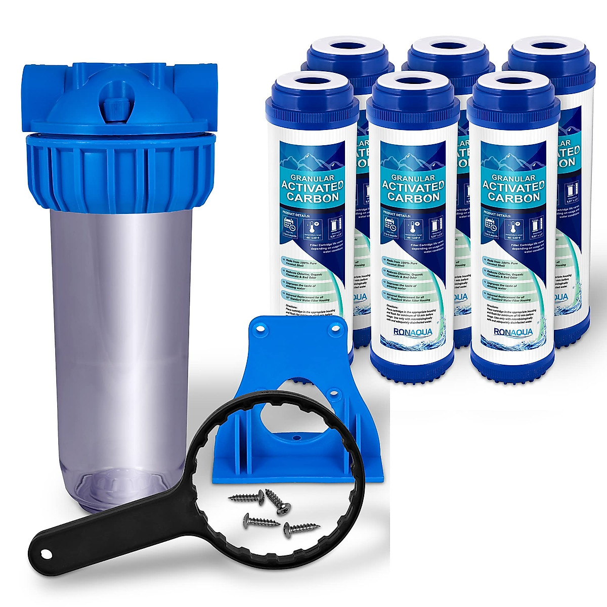 10 Inches Transparent Standard Whole House Water Filter System Presser Relief Valve, 3/4” Inlet/Outlet Brass Port & 6 Granular Activated Carbon Water Filter Cartridge