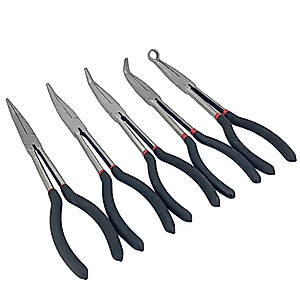 RUNIGOO 5 Piece Long Reach Plier Set - 11” Long Needle Nose Pliers Sets - Straight, 25, 45, 90-Degree Angle, Long Reach Bent Circle Pliers for Hard-to-Reach Narrow Spaces