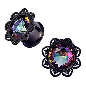 Qmcandy 2pcs 0g-1" Stainless Steel Lotus Edge Crystal Ear Gauges Piercing 0g