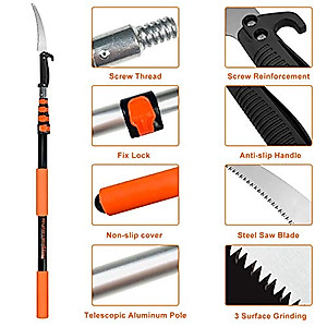 Buyplus Manual Pruning Pole Saw - 20 Foot Hand Pruning Saw for Tree Trimming, High Reach Tree Pruner with Extension Pole