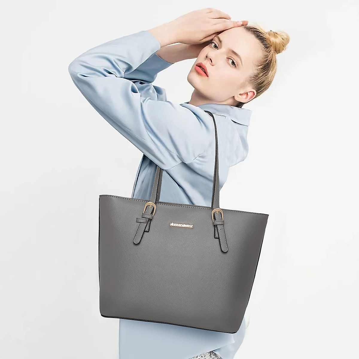 2 Pcs Tote Handbag Set Purse for Women Large Fashion Satchel Shoulder Bag MWC2-H030GY