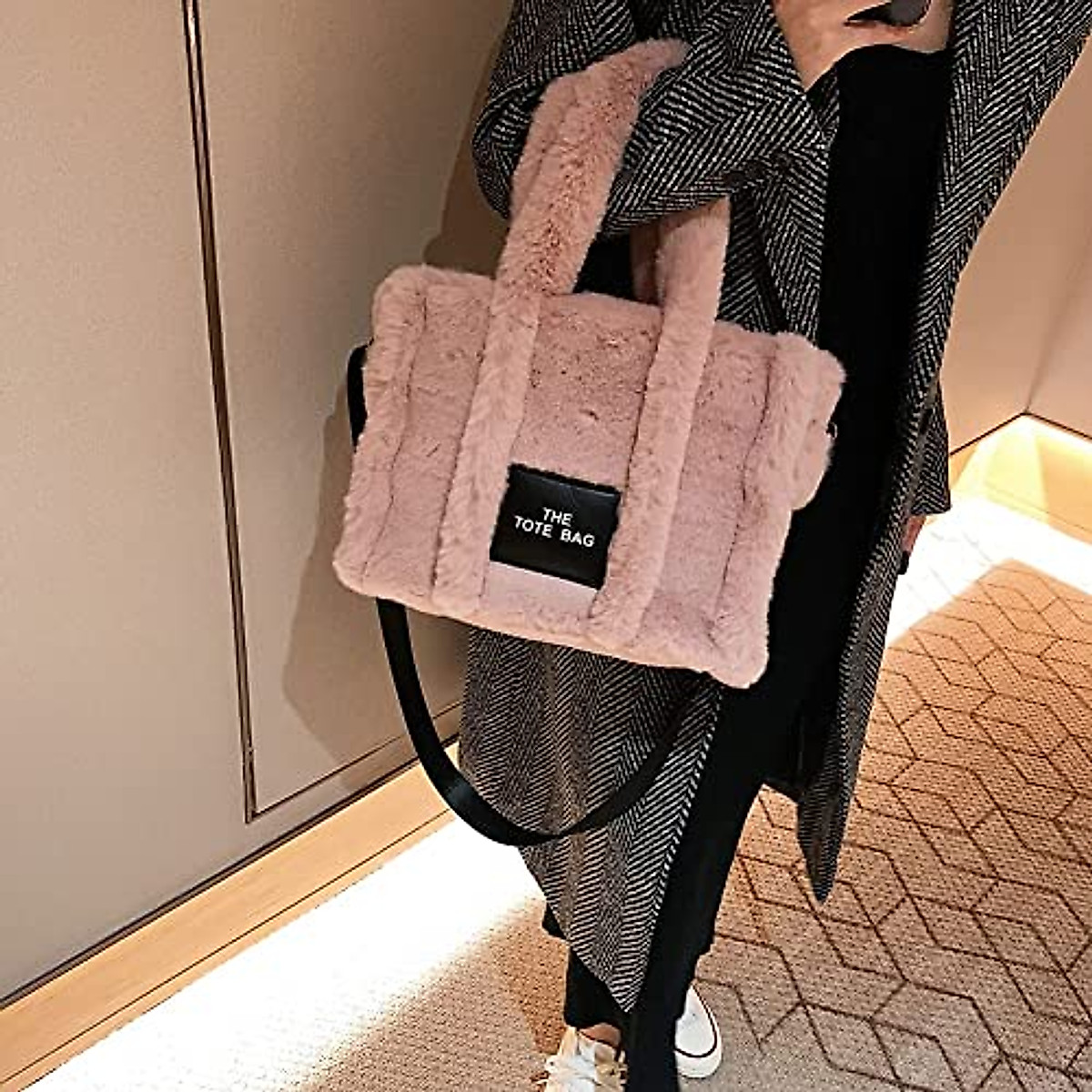 Tote Bags for Women Fluffy Tote Bag Plush Tote Purse Crossbody/Handbag (Pink)