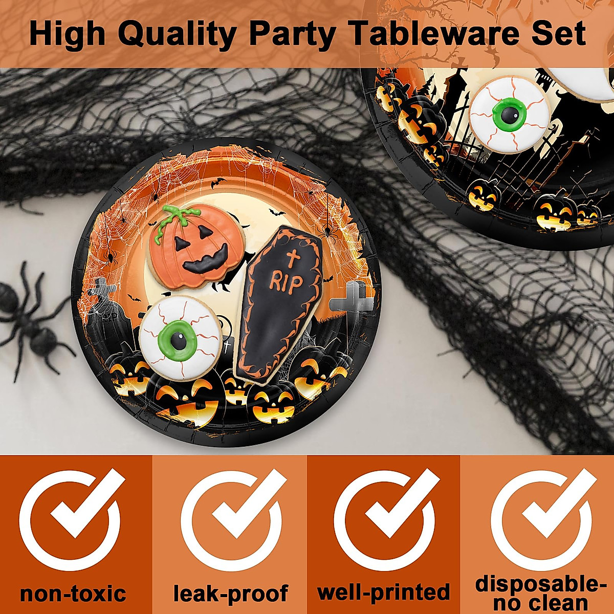 Avezano 192 Pcs Halloween Paper Plates and Napkins Happy Halloween Tableware Scary Moon Night Halloween Birthday Baby Shower Party Decorations Serve 24 (Orange)