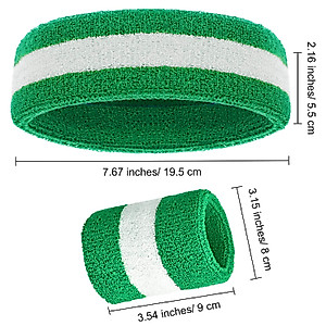 6 Pcs Terry Cloth Rainbow Sweatbands Set - 2 Headbands, 4 Wristbands for Men Women, Gym, Sports, LGBT Pride Parade (Green and White)