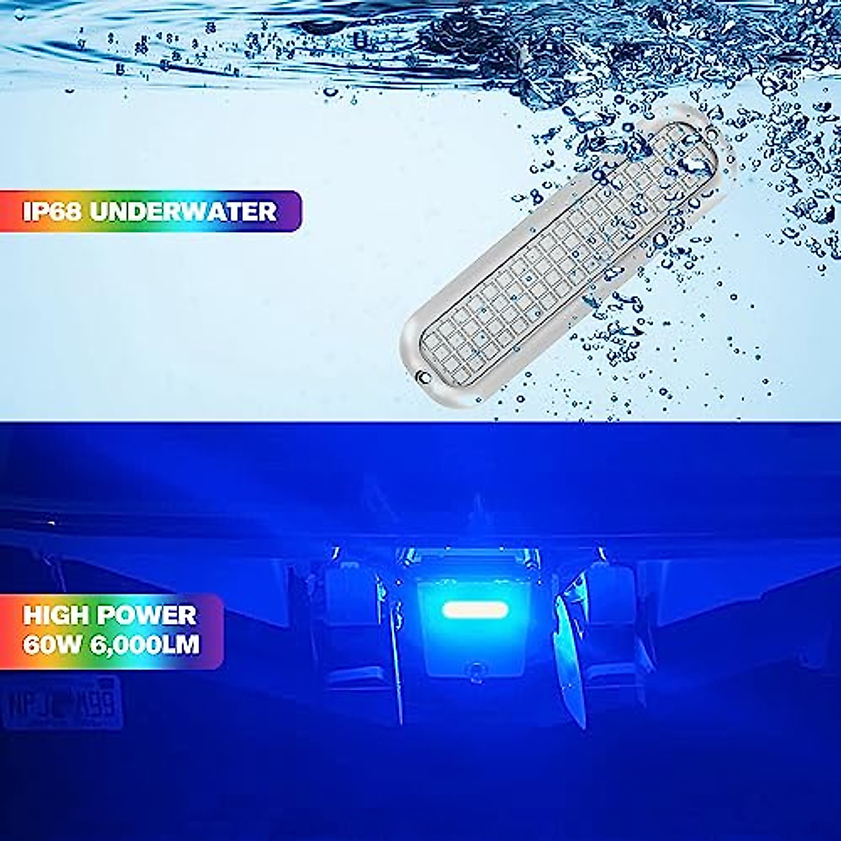 HUSUKU RS10 RGB 6000LM Underwater Marine Light for Boat, 7 Inch, 72LED DC 12V, All-metal body, IP68, Color Change LED Boat Light for Yacht Boat Transom Fishing Dock Pontoon