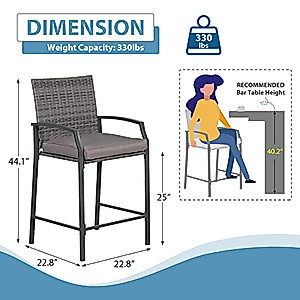 JOIVI Outdoor Wicker Bar Stools Set of 2, Patio Rattan Counter Height Chairs with Cushions, Armrest and Footrest for Indoor, Garden, Poolside, Lawn, Backyard
