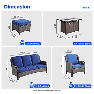 XIZZI Patio Furniture Set Outdoor Conversation Sofa with 42 Inch Rectangle Propane Fire Pit Table All Weather PE Rattan Wicker High Back Outside Couch for Backyard and Garden,Brown Wicker Navy Blue