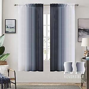Dark Grey Ombre Faux Linen Sheer Curtains for Bedroom Living Room Rod Pocket, 2 Tone Reversible Gradient Voile Semi Window Curtains,Privacy and Light Filtering, Set of 2 Panels, 54 x 63 Inch Length