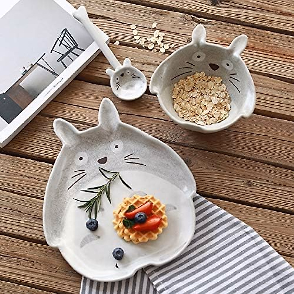 Ceramic Grey Cartoon Plate Bowl Set Hand-Painted Anime Character Dinnerware for Kids Cute Non-slip Dish Sets (Set of Bowl, Plate, Spoon)
