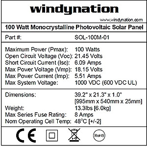 WindyNation 2pcs 100 Watt 12 Volt Monocrystalline Solar Panel Battery Charger for RV, Boat, Cabin, Off-Grid Applications