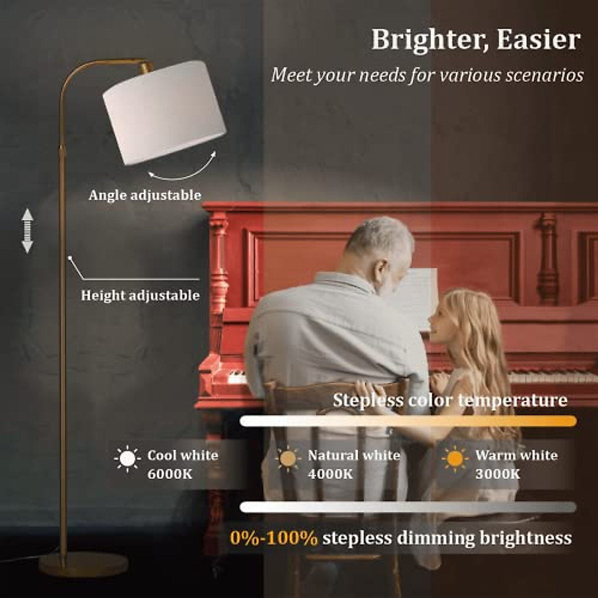 FINNCHY Gold Floor Lamp with Remote Control, Adjustable Height Arc Floor Lamps for Living Room, Modern Gold Standing Lamp Boho Floor Lamp for Bedroom, Smart Dimmable Floor Lamp with 9W LED Bulb