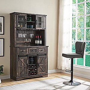 OKD Farmhouse Bar Cabinet with Sliding Barn Door, 72" Rustic Buffet with Hutch with Wine and Glasses Rack, 3 Drawers, Storage Shelves, Sideboard Cupboard for Kitchen, Dining Room, Dark Rustic Oak