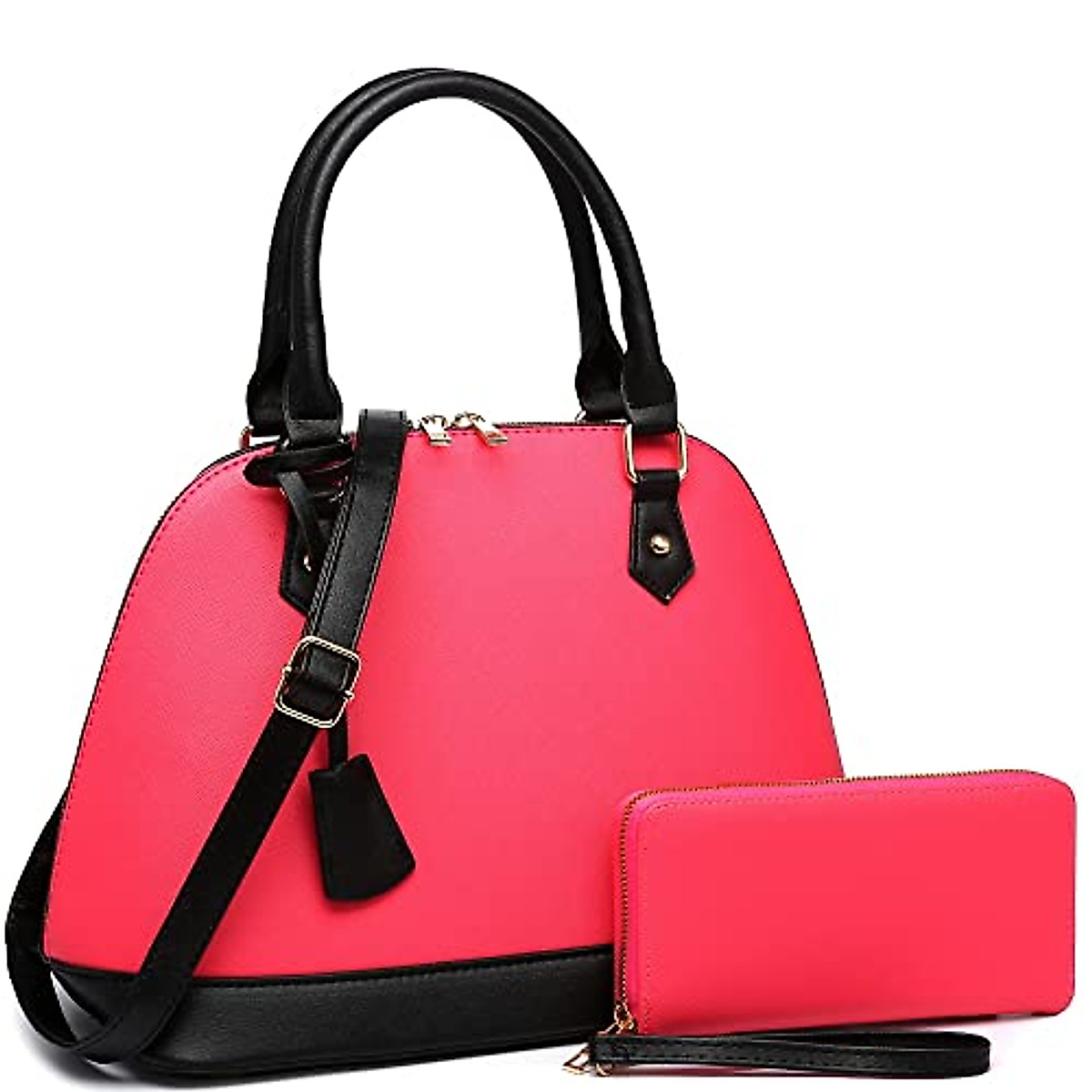 Trendeology Leopard Ostrich Animal Print Vegan Leather Dome Satchel Purse Handbag (1Large Plain Leather - Fuchsia/Black) Medium