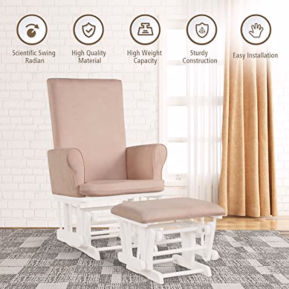 Rocking Chair Solid Premium Comfort Practical Wood Construction, Incredibly Smooth Quiet Gliding Baby Nursery Relax Chair Glider Ottoman Set with Cushion