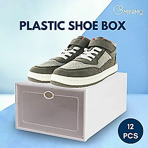 GOMINIMO 12 Pack Clear Durable Plastic Shoe Boxes Stackable Storage Bins Rack Organizer Containers with Lids