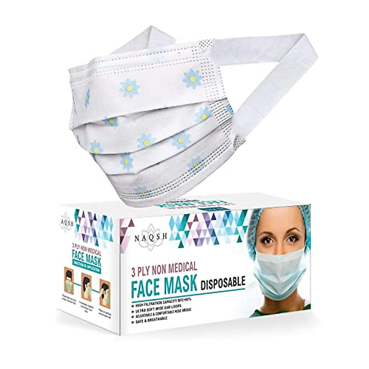 50 Pcs Disposable Face Masks, 3 Ply Cotton Face Mask, Adjustable Ear loops For Face Protection, Breathable Single Use Clearance Face Masks (50 Count (Pack of1), Flower Blue)
