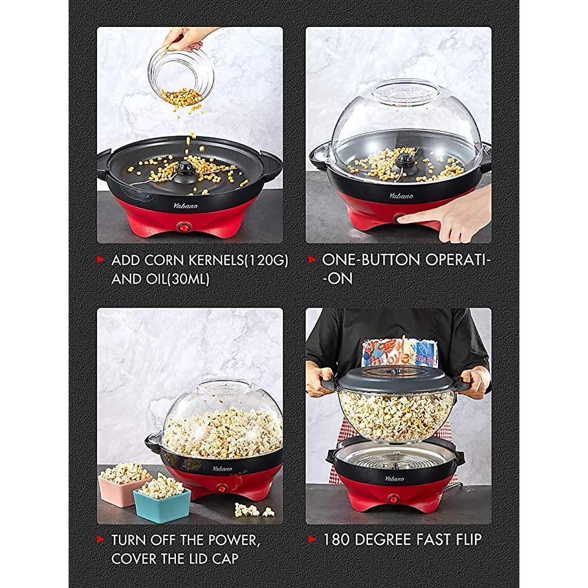 Popcorn Machine, 6-Quart Popcorn Popper maker, Nonstick Plate, Electric Stirring with Quick-Heat Technology, Cool Touch Handles (Red&Black)