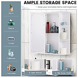 COSTWAY Wall Mounted Bathroom Cabinet - Storage Organizer with Mirror Door, Adjustable Shelves & 6 Open Racks, Space-Saving Hanging Medicine Cabinet for Living Room Kitchen Entryway (White)