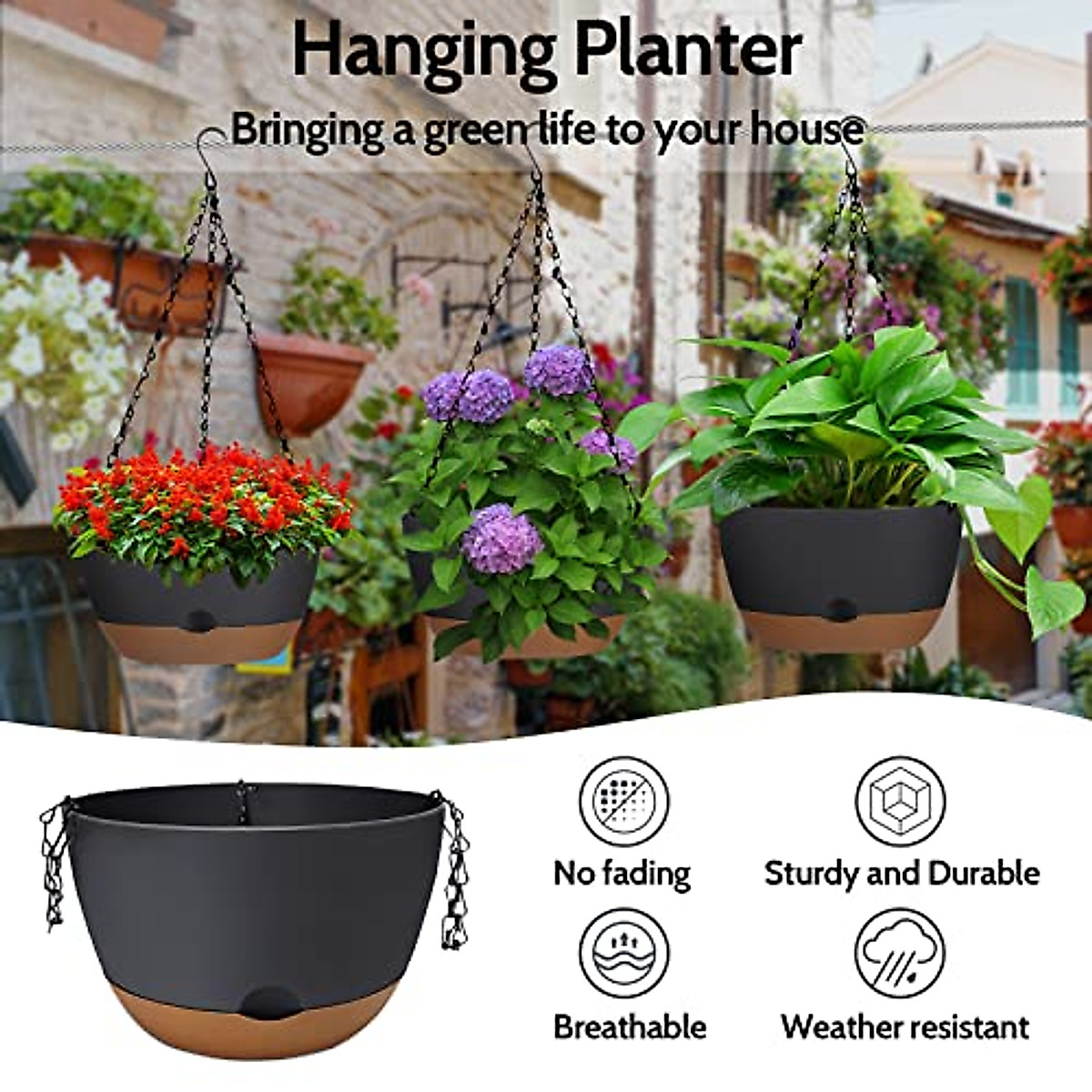 EURCRBU 2 Pack Hanging Planters for Outdoor Indoor Plants, 10 Inch Plastic Outdoor Hanging Planter, Hanging Flower Pots for outside with Drainage Holes & Removable Saucer for Garden Home (Dark Grey)