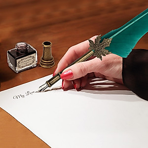 AHIER Quill Pen and Ink Set, Feather Pen Quill Pen Set Includes 5 Steel Replacement Nibs,Pen Nib Base and Dip Ink Bottle for Antique Calligraphy