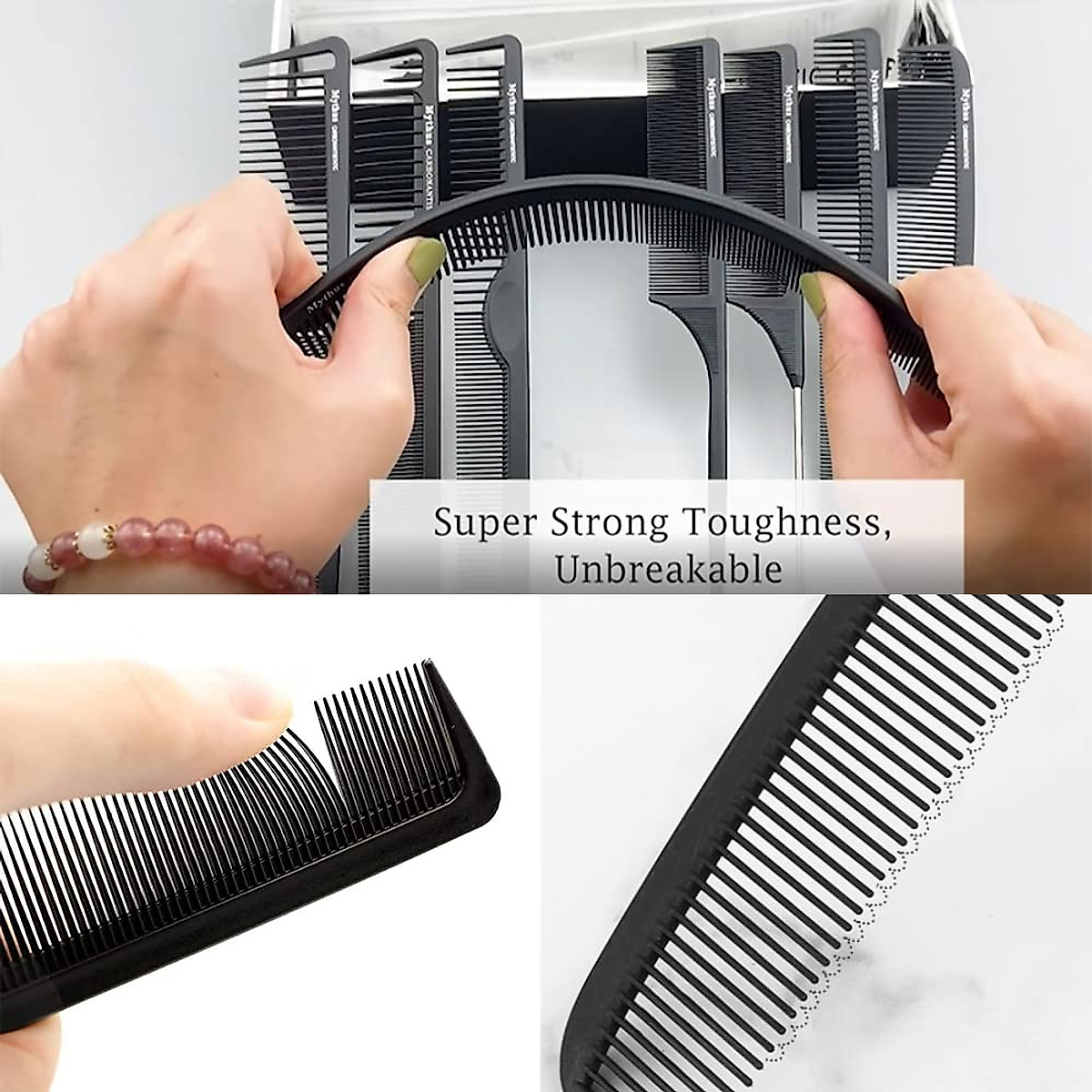 CestoMen 9pcs Carbon Fiber Stylist Combs Set, Anti Static Hair Cutting Comb Salon Styling Hairdressing Carbon Combs Rat Tail Comb for All Hair - Black